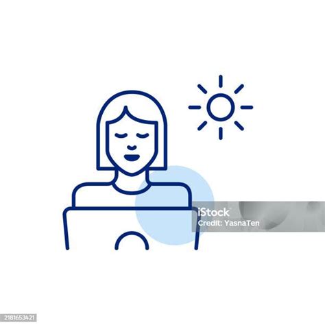 노트북과 태양에서 일하는 여자 원격 근무자를 위한 유연한 일일 근무 시간 픽셀 완벽한 벡터 아이콘 가상현실에 대한 스톡 벡터 아트 및 기타 이미지 Istock