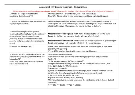 Ppp Grammar Lesson Table First Conditional Assignment B
