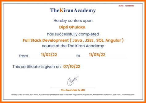 Successfully Completed Full Stack Java Development Course The Kiran
