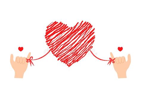 Vector Illustration Of Two Hands Connected To A Heart Shaped Red Thread