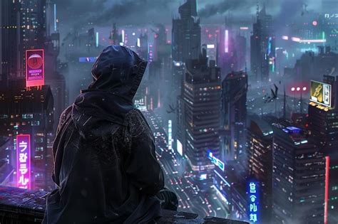 Premium Photo A Hacker Overlooking The Sprawling Cyberpunk City