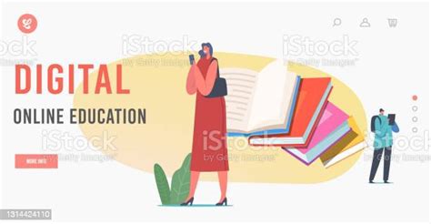 디지털 온라인 교육 방문 페이지 템플릿 혁신적인 기술 디지털화를 사용하여 전자책을 읽는 캐릭터 책에 대한 스톡 벡터 아트 및