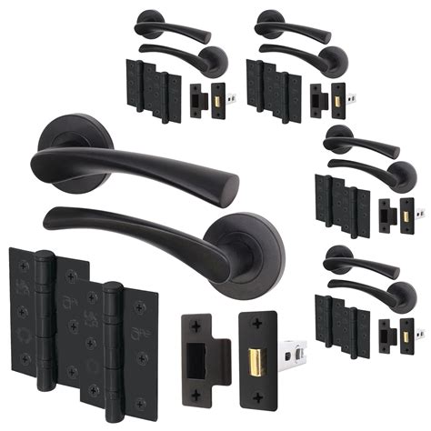 Door Handle Pack Matt Black T Bar Lever With Round Rose Hinges And Latch