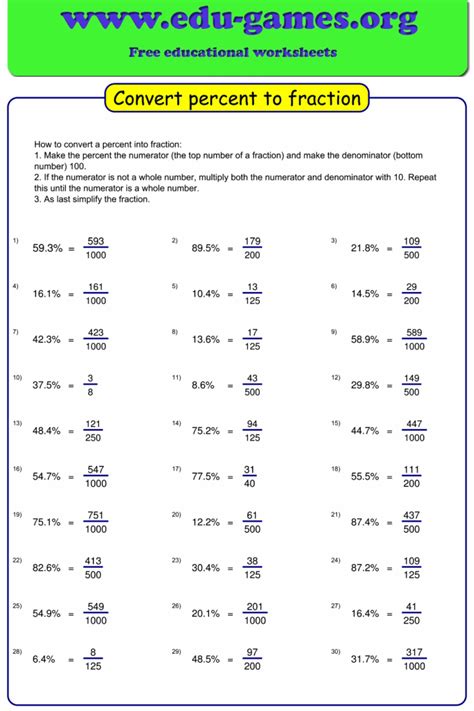 Converting Decimals To Fractions To Percents Worksheet