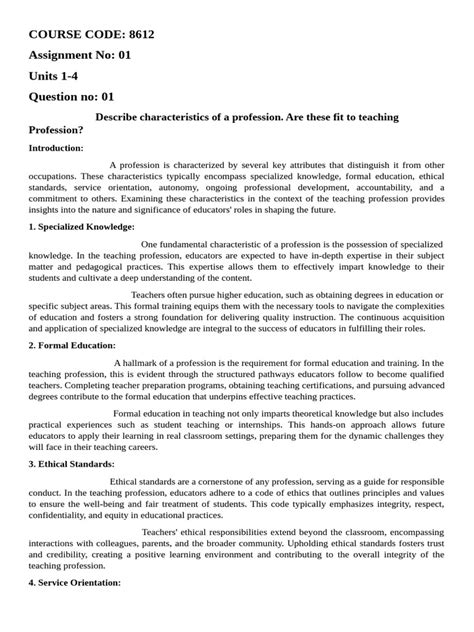 Course Code 8612 Assignment 1 Pdf Teachers Profession