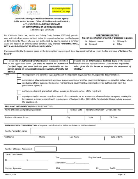 County Of San Diego California Application For A Birth Certificate Or
