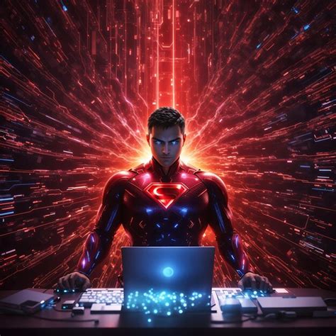 A Powerful Super Coder Man Surrounded By A Sea Of Code With A Glowing Red Aura Radiating