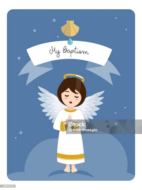 기도 하는 천사 푸른 하늘과 별 배경에 세례 알림 벡터 일러스트레이션 귀여운에 대한 스톡 벡터 아트 및 기타 이미지 귀여운 벡터 사람들 Istock
