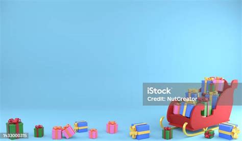 썰매와 바닥에 여러 크리스마스 선물 상자를 렌더링하는 3d 3d 일러스트 레이 션 크리스마스와 새해 개념 크리스마스에 대한 스톡 사진 및 기타 이미지 Istock