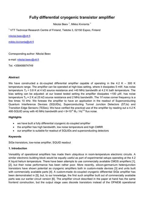Pdf Fully Differential Cryogenic Transistor Amplifier