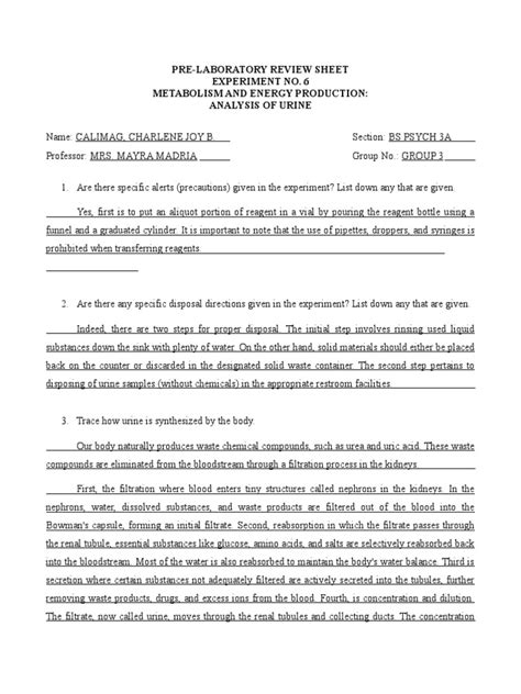 Pre Laboratory Review Sheet Experiment No 6 Metabolism And Energy Production Analysis Of Urine