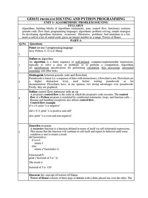 Ge8151 Python Programming Unit I Question Bank With Sample Code Pdf Assembly Language