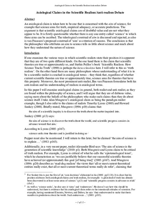 Doc Axiological Claims In The Scientific Realism Anti Realism Debate