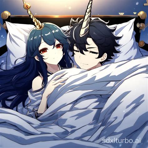 Anime Girl From Genshin Impact With Unicorn Horn Resting On Bed Sdxl Free Online