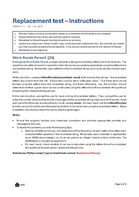 Replacementtestpython Instructions Page 1 Of 3 Replacement Test Instructions Cmpg111 Su