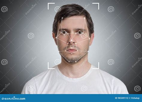 Face Detection And Recognition Of Man Computer Vision And Artificial Intelligence Concept Stock