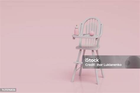 파스텔 배경에 우유 한 병과 장난감이있는 흰색 유아용 의자 복사 붙여 넣기 복사 공간 3d 렌더링 높은 곳에 대한 스톡 사진 및 기타 이미지 Istock