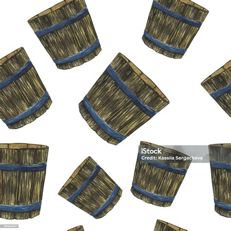 흰색 배경에 매끄러운 패턴의 나무 양동이 수채화 손 그리기 그림 디지털 용지 배너 인쇄 포장에 적합합니다 수채화에 대한 스톡