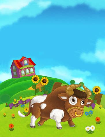 Scène De Dessin Animé Avec La Vie Au Ranch Avec Différents Animaux De Ferme Illustration Pour