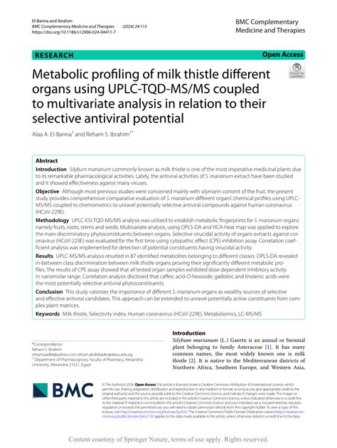 Pdf Metabolic Profiling Of Milk Thistle Different Organs Using Uplc