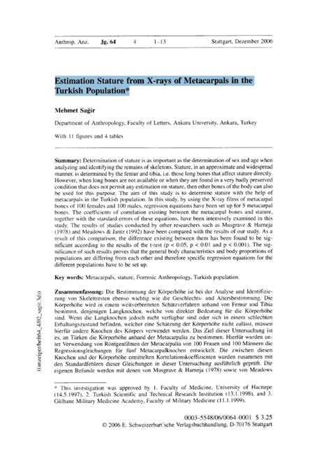 Pdf Estimation Stature From X Rays Of Metacarpals In The Turkish Population