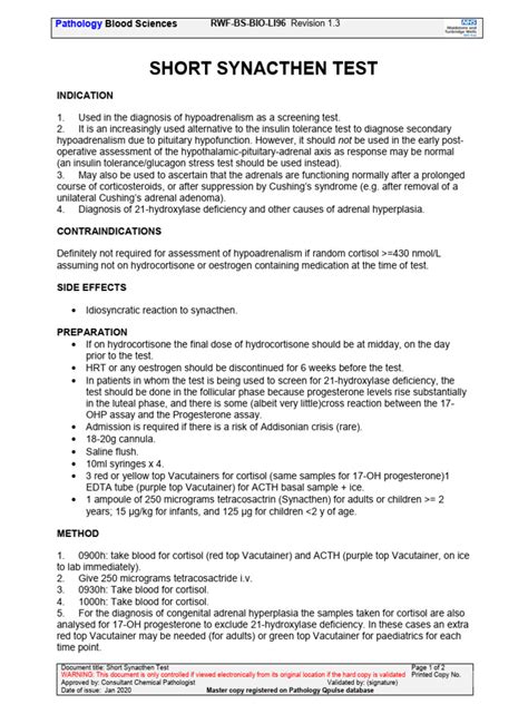 Short Synacthen Test Mtwnhs Uk 2023 Pdf Endocrine System