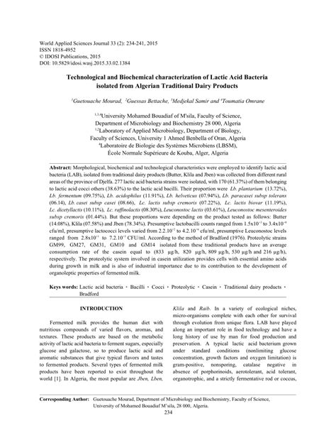 Pdf Technological And Biochemical Characterization Of Lactic Acid Bacteria Isolated From