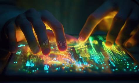 Futuristic Digital Interface Interaction With Glowing Data Visualization Hands Manipulating