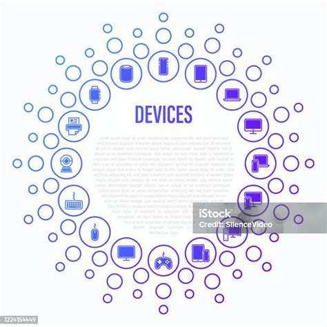 원 모양의 장치 스마트 폰 태블릿 노트북 Pc 모노 블록 게임 Pc 게임 패드 모니터 마우스 키보드 웹캠 프린터 스마트 시계 스마트 스피커 가는 선 아이콘입니다 벡터