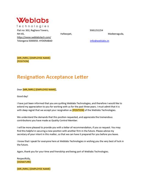 Resignation Acceptance Letter Pdf