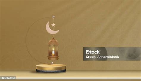 전통적인 이슬람 등불 촛불 핑크 골드 초승달과 황금 벽 배경에 매달려 스타와 3d 연단 제품 쇼케이스를위한 수평 이슬람 배너 제품 프리젠 테이션 라마단 판매 0명에 대한
