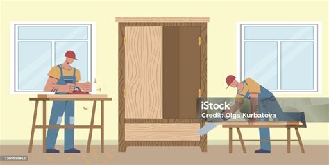 목수 작업 두 노동자 톱보드 캐비닛 만들기 주택 개조 및 목공 집 수리에서 작업 수리꾼 플랫 벡터 만화 문자 건설 산업에 대한