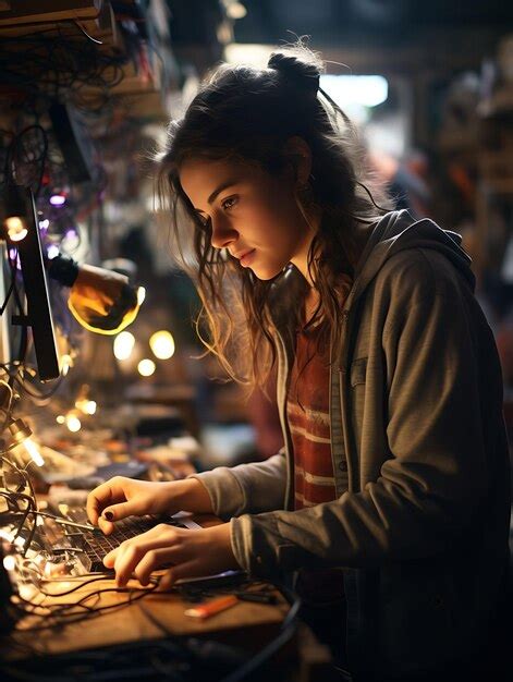 Premium AI Image A Girl Programming Light Sequences On A Small Diy Computer M Digital Native