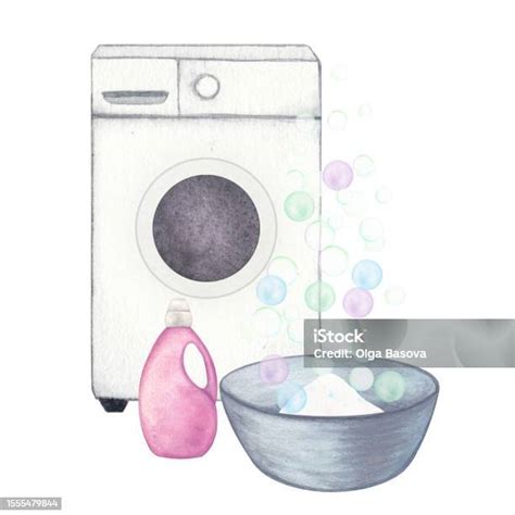 세탁 세탁기 세면대 세척 젤 분말 비누 거품이 있는 구성 흰색 배경에 수채화 그림입니다 손으로 그렸습니다 엽서의 경우 가사 집안일에 대한 스톡 벡터 아트 및 기타 이미지