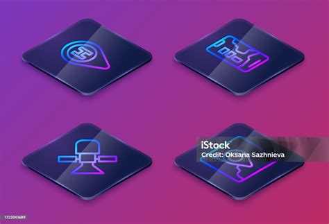 아이소메트릭 라인 헬리콥터 착륙장 위성 도시 지도 내비게이션 및 위치 마커로 접힌 설정을 설정합니다 파란색 사각형 버튼입니다