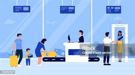 공항 보안 검사 벡터 일러스트레이션 만화 플랫 승객은 컨베이어 벨트 기계에 수하물 수하물을 넣고 스캐너를 통과합니다 공항에 대한 스톡 벡터 아트 및 기타 이미지 Istock