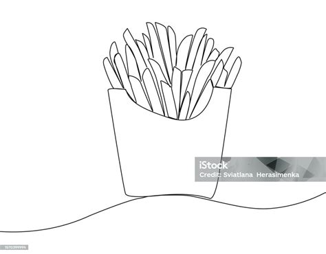 연속 라인 아트의 감자 튀김 튀긴 감자는 현대적인 한 줄 그리기 스타일로 붙어 있습니다 벡터 그림입니다 감자 요리에 대한 스톡