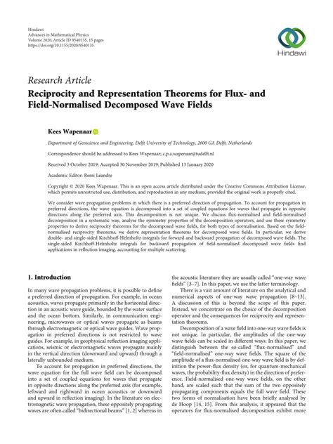 Pdf Reciprocity And Representation Theorems For Flux And Field Normalised Decomposed Wave Fields