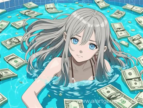 Animeinspired Scene Wealthy Girl With Ashcolored Hair Bathing In Money Pool Ai Art Generator