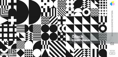 바우하우스 패턴 배경 스위스 기하학적 모양 디자인 벡터 포스터 원 삼각형 원 및 사각형 선 패턴의 추상 멤피스 또는 바우하우스