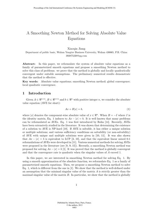 Pdf A Smoothing Newton Method For Solving Absolute Value Equations