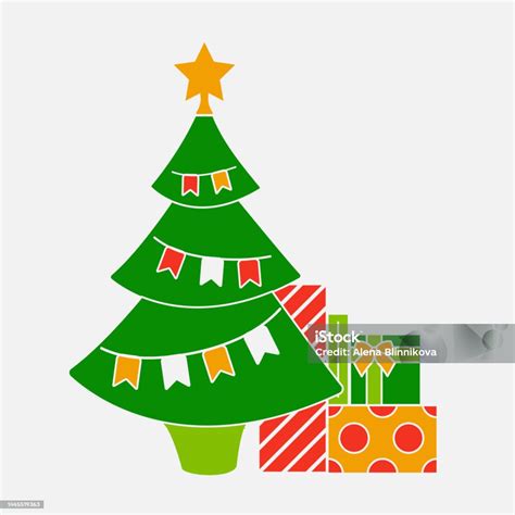 깃발과 별이 장식된 크리스마스 트리의 그림 나무 아래에 숨겨진 선물 주기에 대한 스톡 벡터 아트 및 기타 이미지 주기 크리스마스 0명 Istock