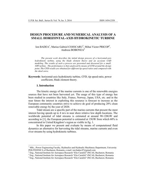 Pdf Design Procedure And Numerical Analysis Of A Small Horizontal Axis Hydrokinetic Turbine