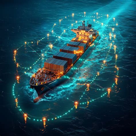 Illuminated Cargo Ship Navigating Sustainable Virtual Boundary Network In Open Ocean Backdrop