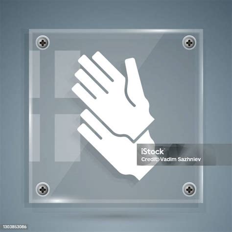 회색 배경에 격리 된 흰색 고무 장갑 아이콘 라텍스 손 보호 표지판 집안일 청소 장비 기호 정사각형 유리 패널 벡터 가사 집안일에 대한 스톡 벡터 아트 및 기타 이미지