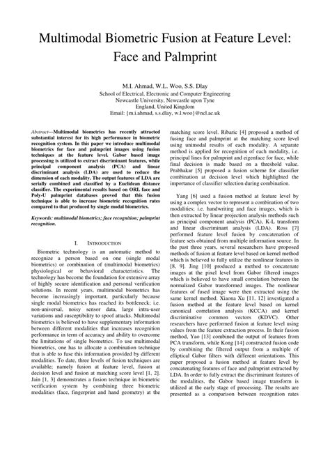Pdf Multimodal Biometric Fusion At Feature Level Face And Palmprint