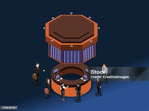 비즈니스 전문가로 둘러싸인 중앙의 다중 계층 서버 장치가 있는 데이터 센터 또는 서버실의 아이소메트릭 그림 3차원 형태에 대한 스톡 벡터 아트 및 기타 이미지 Istock
