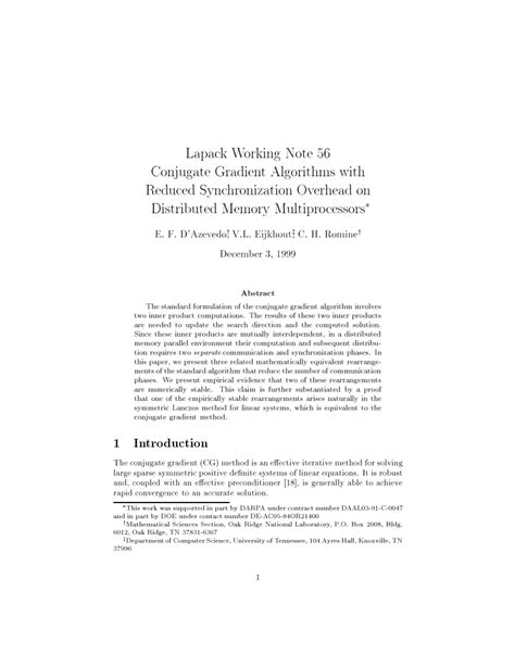 Pdf Lapack Working Note 56 Conjugate Gradient Algorithms With Reduced Synchronization Overhead