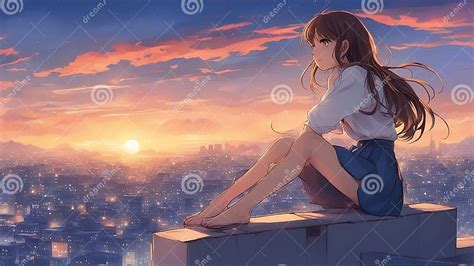 Cartoon Sitting On The Roof Anime A Serene Scene Of A Girl Sitting On Rooftop Watching The