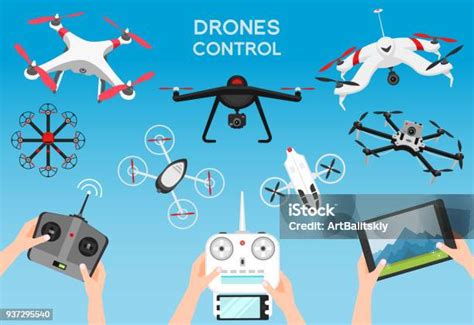 현대에 어 드 론 및 원격 제어의 집합입니다 과학 및 현대 기술입니다 벡터 일러스트입니다 라디오 로봇 또는 공기에서 카메라와 함께 비행기 혁신적인 시스템 및 개발 0명에